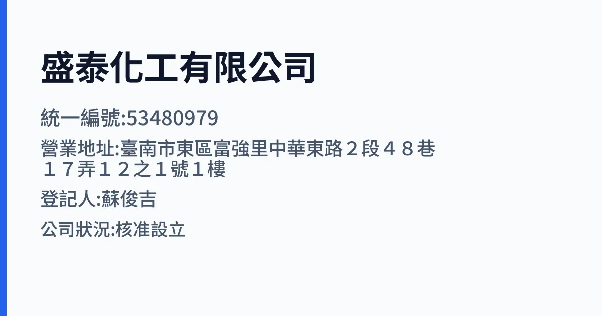 盛泰化工有限公司 - 統編 53480979(臺南市) 公司登記資料與營業項目詳細圖表