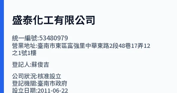 盛泰化工有限公司的照片-統編 53480979(臺南市) 公司登記資料與營業項目詳細圖表