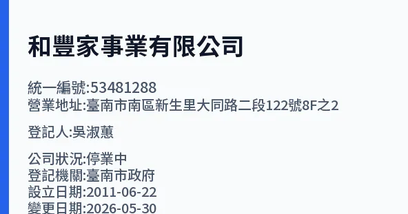 和豐家事業有限公司的照片-統編 53481288(臺南市) 公司登記資料與營業項目詳細圖表