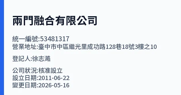 兩門融合有限公司的照片-統編 53481317(臺中市) 公司登記資料與營業項目詳細圖表