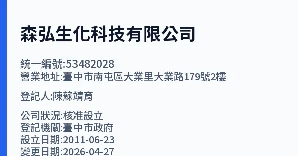 森弘生化科技有限公司的照片-統編 53482028(臺中市) 公司登記資料與營業項目詳細圖表
