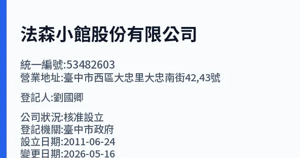 法森小館股份有限公司的照片-統編 53482603(臺中市) 公司登記資料與營業項目詳細圖表