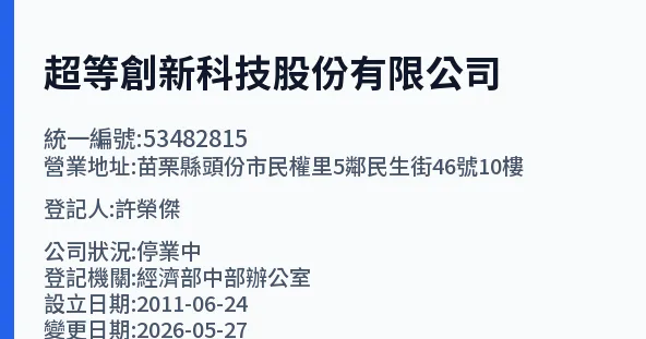 超等創新科技股份有限公司的照片-統編 53482815(苗栗縣) 公司登記資料與營業項目詳細圖表