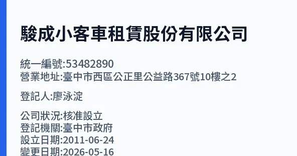 駿成小客車租賃股份有限公司的照片-統編 53482890(臺中市) 公司登記資料與營業項目詳細圖表