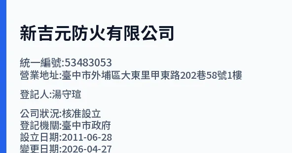 新吉元防火有限公司的照片-統編 53483053(臺中市) 公司登記資料與營業項目詳細圖表