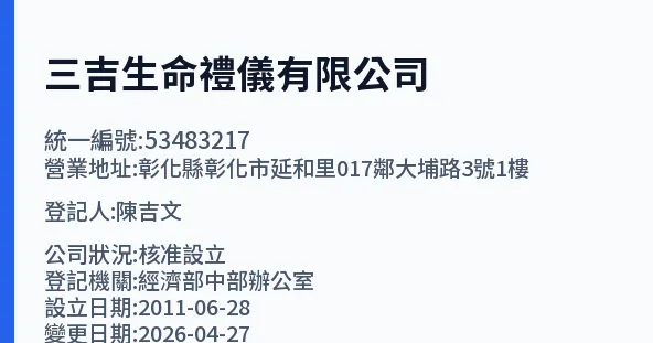 三吉生命禮儀有限公司的照片-統編 53483217(彰化縣) 公司登記資料與營業項目詳細圖表