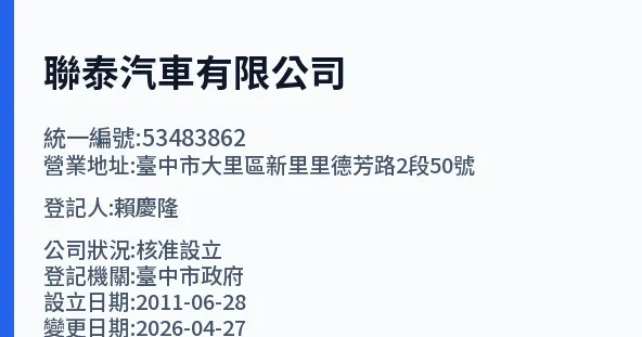 聯泰汽車有限公司的照片-統編 53483862(臺中市) 公司登記資料與營業項目詳細圖表