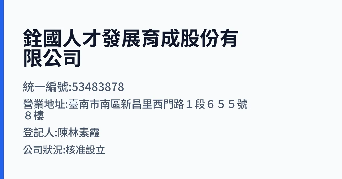 銓國人才發展育成股份有限公司 - 統編 53483878（臺南市） 公司登記資料與營業項目詳細圖表