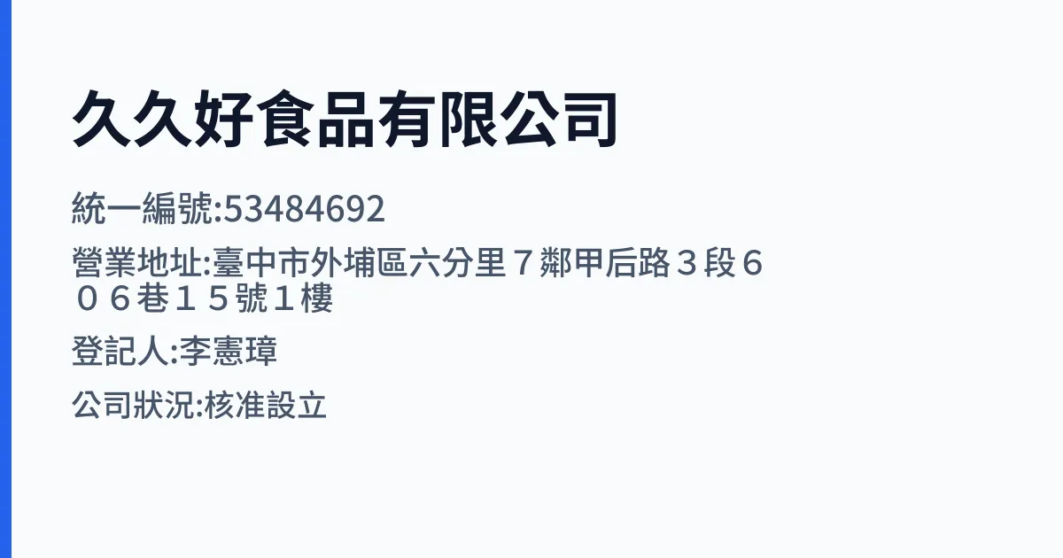 久久好食品有限公司 - 統編 53484692（臺中市） 公司登記資料與營業項目詳細圖表
