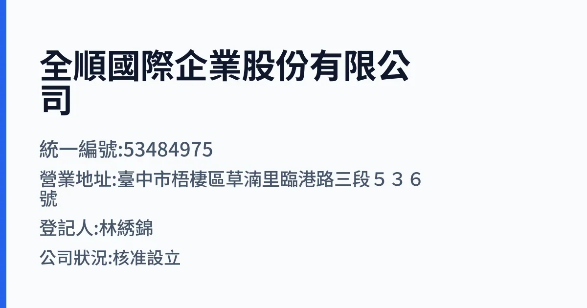 全順國際企業股份有限公司 - 統編 53484975(臺中市) 公司登記資料與營業項目詳細圖表