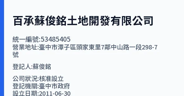 百承蘇俊銘土地開發有限公司的照片-統編 53485405(臺中市) 公司登記資料與營業項目詳細圖表