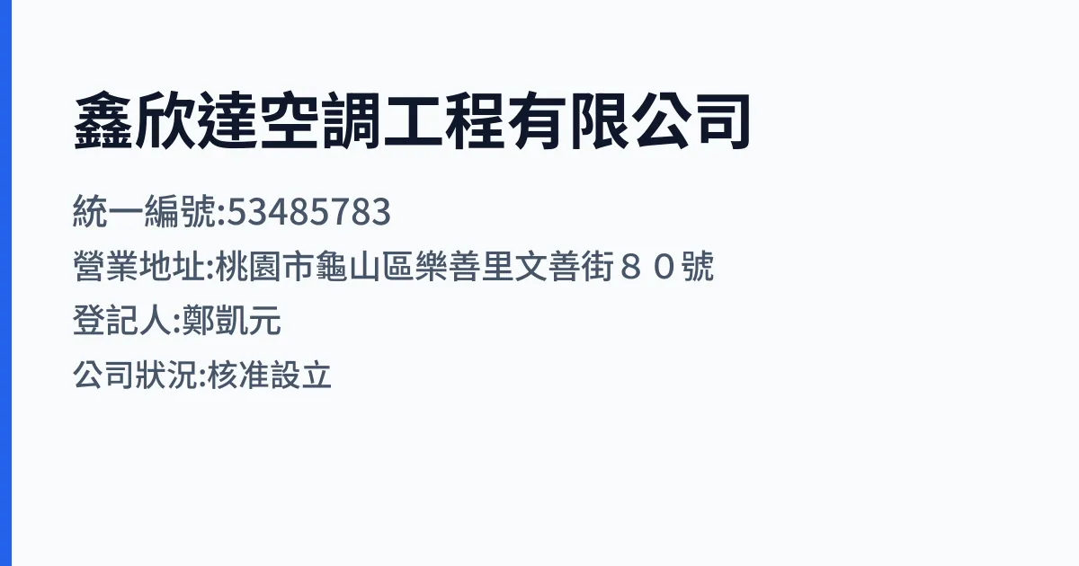 鑫欣達空調工程有限公司 - 統編 53485783(桃園市) 公司登記資料與營業項目詳細圖表