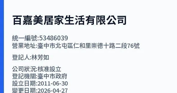 百嘉美居家生活有限公司的照片-統編 53486039(臺中市) 公司登記資料與營業項目詳細圖表