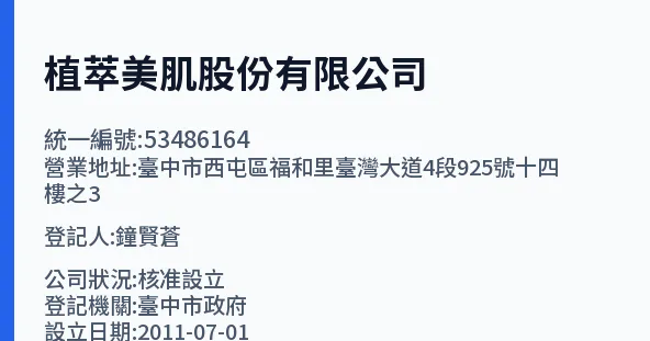 植萃美肌股份有限公司的照片-統編 53486164(臺中市) 公司登記資料與營業項目詳細圖表