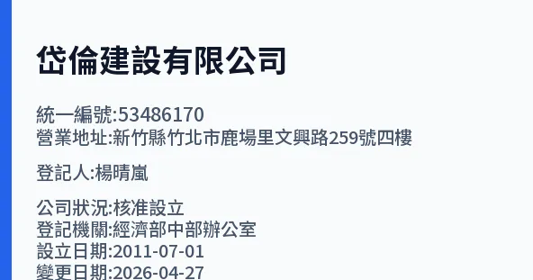 岱倫建設有限公司的照片-統編 53486170(新竹縣) 公司登記資料與營業項目詳細圖表