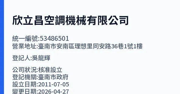 欣立昌空調機械有限公司的照片-統編 53486501(臺南市) 公司登記資料與營業項目詳細圖表