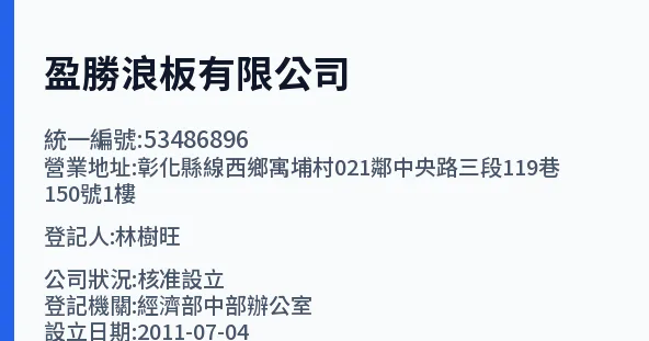 盈勝浪板有限公司的照片-統編 53486896(彰化縣) 公司登記資料與營業項目詳細圖表