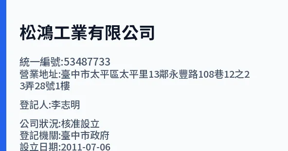 松鴻工業有限公司的照片-統編 53487733(臺中市) 公司登記資料與營業項目詳細圖表