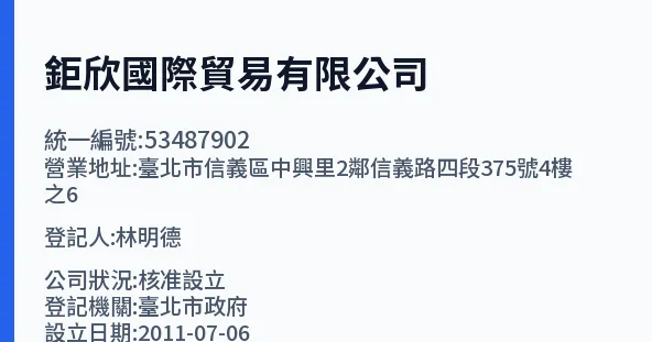 鉅欣國際貿易有限公司的照片-統編 53487902(臺北市) 公司登記資料與營業項目詳細圖表