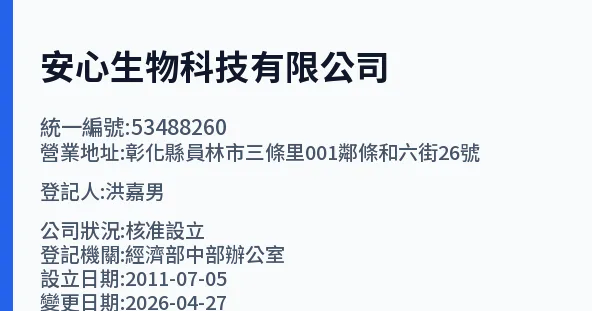 安心生物科技有限公司的照片-統編 53488260(彰化縣) 公司登記資料與營業項目詳細圖表