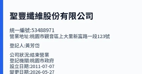 聖豐纖維股份有限公司的照片-統編 53488971(桃園市) 公司登記資料與營業項目詳細圖表