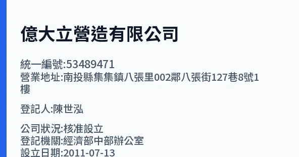 億大立營造有限公司的照片-統編 53489471(南投縣) 公司登記資料與營業項目詳細圖表