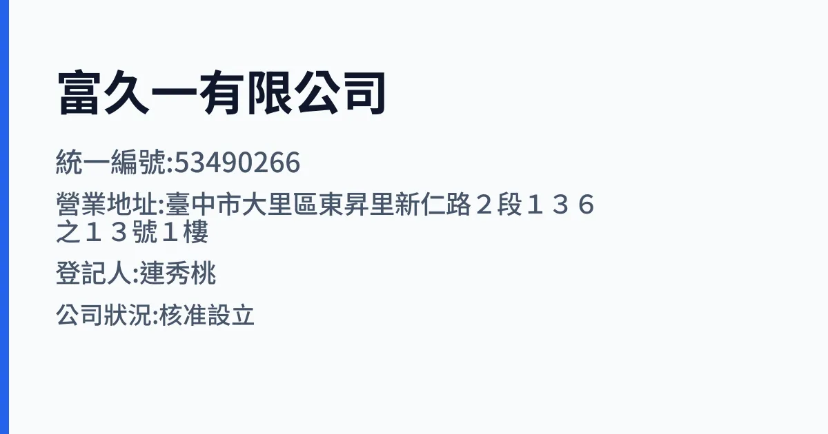 富久一有限公司 - 統編 53490266（臺中市） 公司登記資料與營業項目詳細圖表