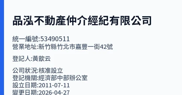 品泓不動產仲介經紀有限公司的照片-統編 53490511(新竹縣) 公司登記資料與營業項目詳細圖表