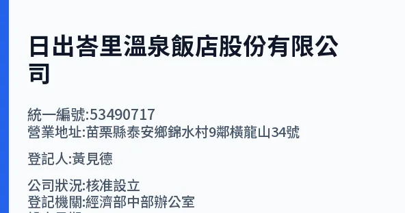 日出峇里溫泉飯店股份有限公司的照片-統編 53490717(苗栗縣) 公司登記資料與營業項目詳細圖表