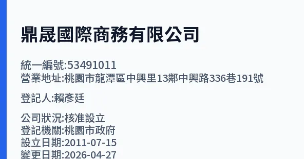 鼎晟國際商務有限公司的照片-統編 53491011(桃園市) 公司登記資料與營業項目詳細圖表