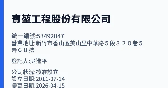 寶堃工程股份有限公司的照片-統編 53492047(新竹市) 公司登記資料與營業項目詳細圖表