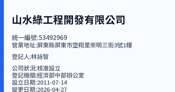 山水綠工程開發有限公司的照片-統編 53492969(屏東縣) 公司登記資料與營業項目詳細圖表