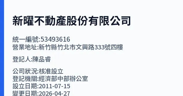 新曜不動產股份有限公司的照片-統編 53493616(新竹縣) 公司登記資料與營業項目詳細圖表