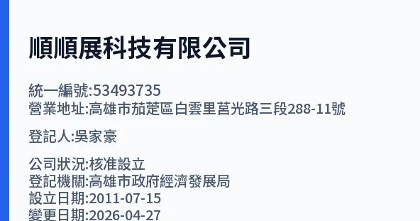 順順展科技有限公司的照片-統編 53493735(高雄市) 公司登記資料與營業項目詳細圖表
