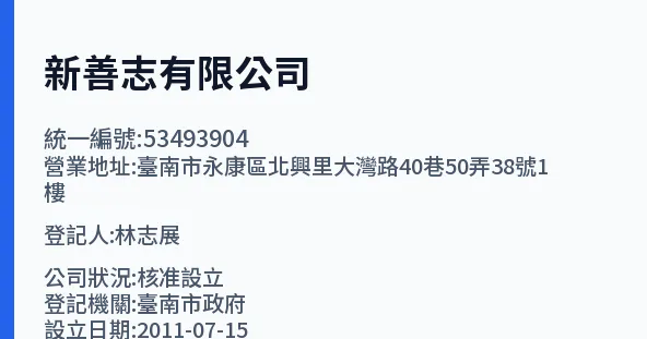 新善志有限公司的照片-統編 53493904(臺南市) 公司登記資料與營業項目詳細圖表