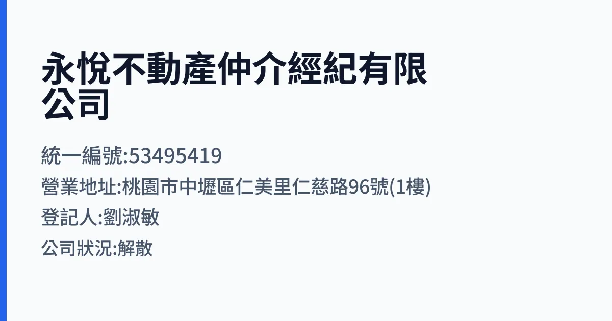 永悅不動產仲介經紀有限公司 - 統編 53495419(桃園市) 公司登記資料與營業項目詳細圖表