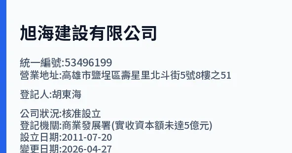 旭海建設有限公司的照片-統編 53496199(高雄市) 公司登記資料與營業項目詳細圖表