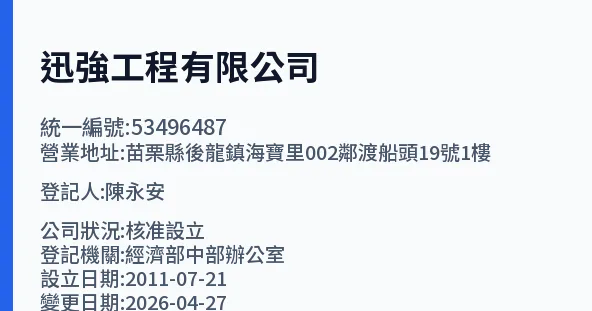 迅強工程有限公司的照片-統編 53496487(苗栗縣) 公司登記資料與營業項目詳細圖表