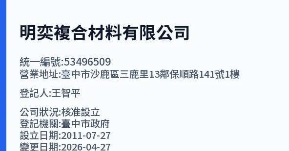 明奕複合材料有限公司的照片-統編 53496509(臺中市) 公司登記資料與營業項目詳細圖表