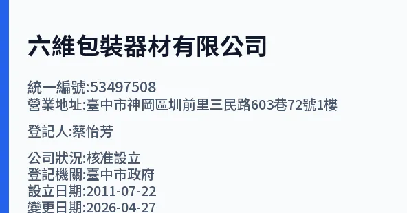 六維包裝器材有限公司的照片-統編 53497508(臺中市) 公司登記資料與營業項目詳細圖表