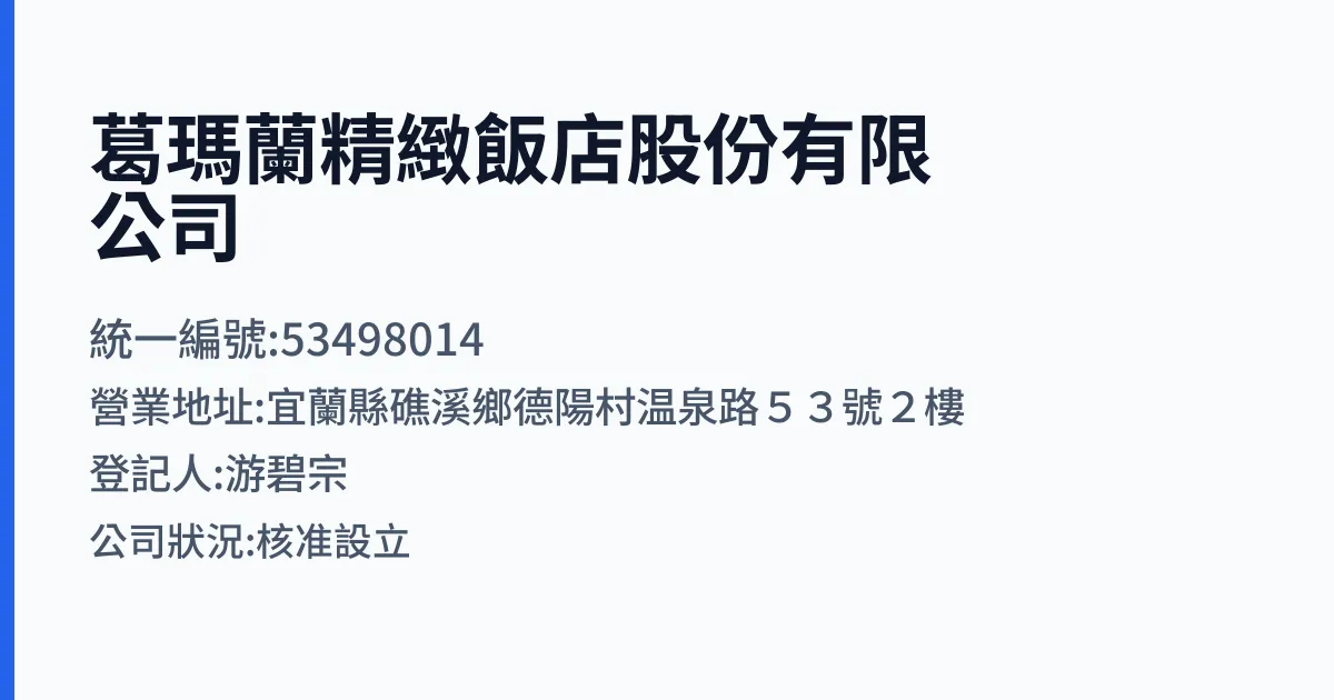 葛瑪蘭精緻飯店股份有限公司 - 統編 53498014(宜蘭縣) 公司登記資料與營業項目詳細圖表