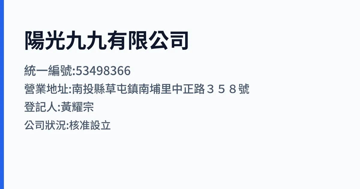 陽光九九有限公司 - 統編 53498366(南投縣) 公司登記資料與營業項目詳細圖表