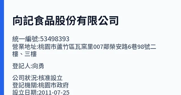 向記食品股份有限公司的照片-統編 53498393(桃園市) 公司登記資料與營業項目詳細圖表