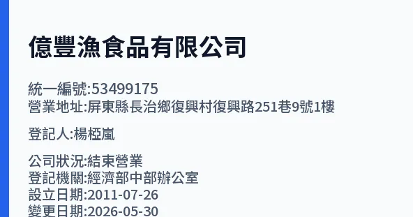 億豐漁食品有限公司的照片-統編 53499175(屏東縣) 公司登記資料與營業項目詳細圖表