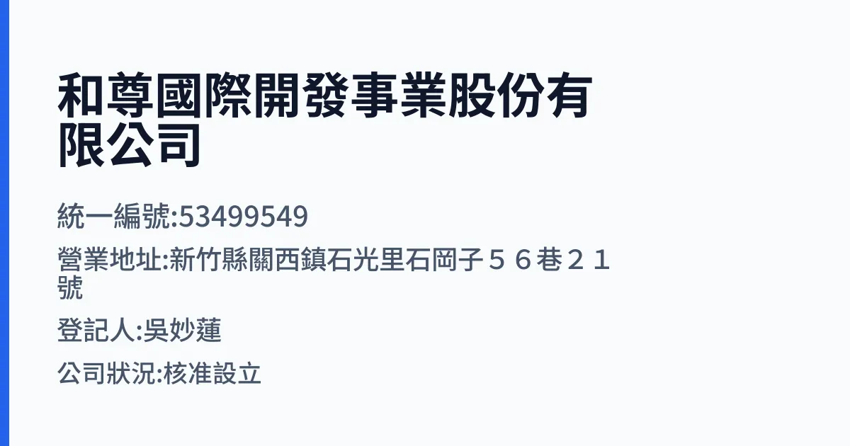 和尊國際開發事業股份有限公司 - 統編 53499549（新竹縣） 公司登記資料與營業項目詳細圖表