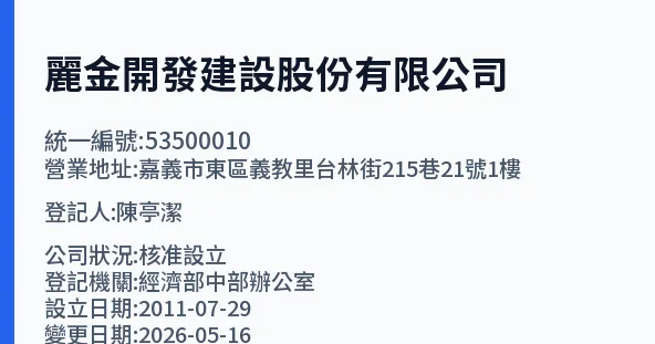麗金開發建設股份有限公司的照片-統編 53500010(嘉義市) 公司登記資料與營業項目詳細圖表