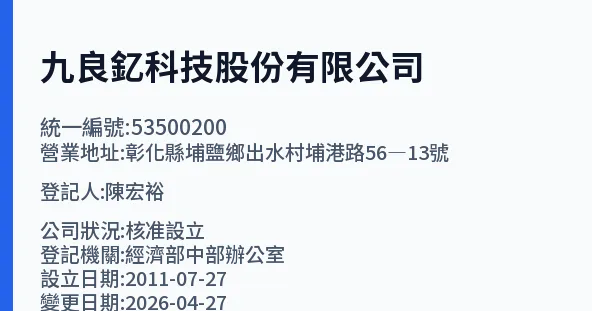 九良釔科技股份有限公司的照片-統編 53500200(彰化縣) 公司登記資料與營業項目詳細圖表