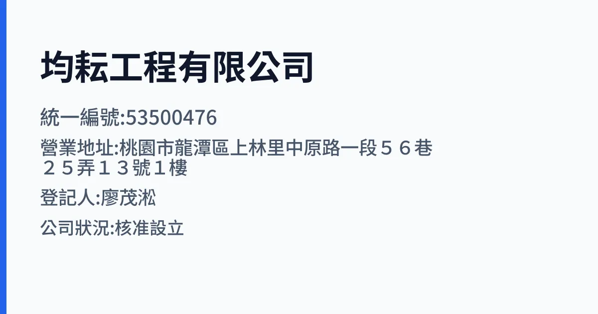均耘工程有限公司 - 統編 53500476(桃園市) 公司登記資料與營業項目詳細圖表