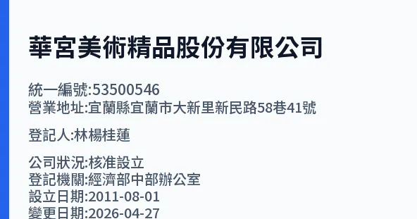 華宮美術精品股份有限公司的照片-統編 53500546(宜蘭縣) 公司登記資料與營業項目詳細圖表