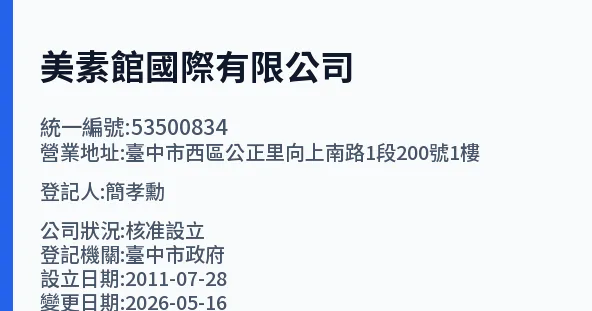 美素館國際有限公司的照片-統編 53500834(臺中市) 公司登記資料與營業項目詳細圖表